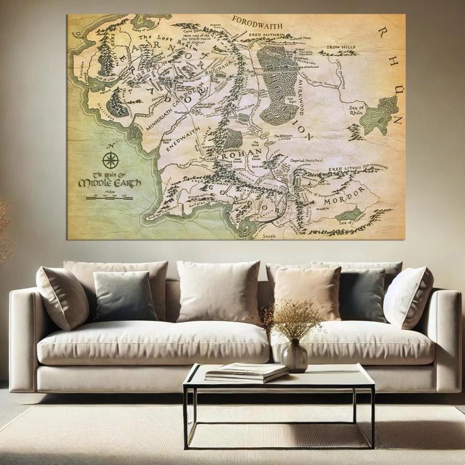 Vintage Fantasy World Map, Canvas Print, Framed Middle Earth Map, Wall ...