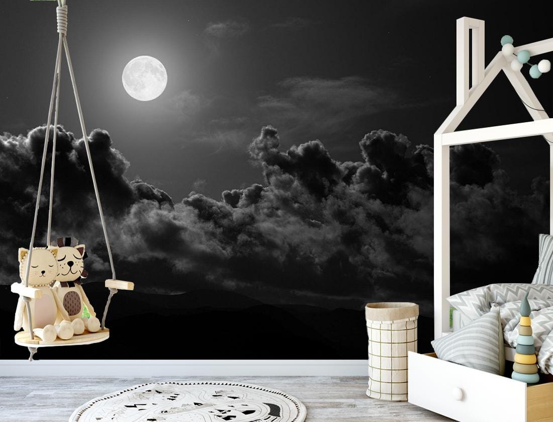Full Moon Wall Mural, Night Sky and Clouds Wallpaper, Cloudy Moon Decor ...