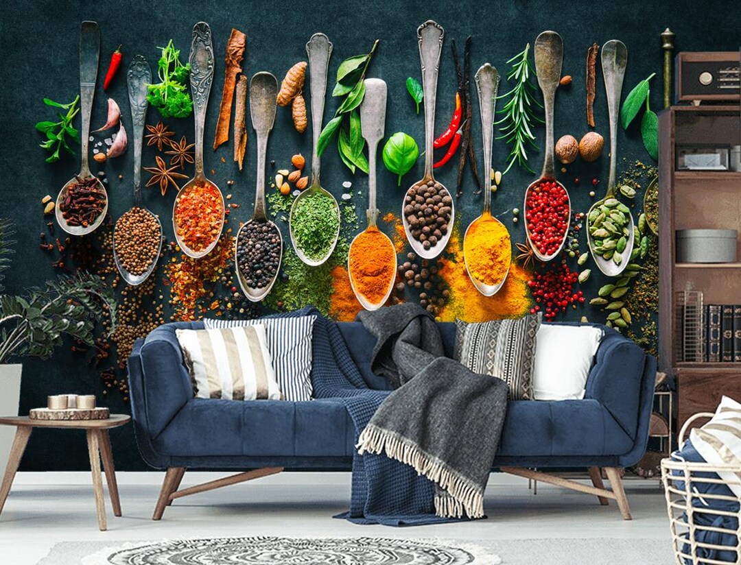Herb and Spice Mural, Non-woven Wallpaper for Kitchen or Dining ...