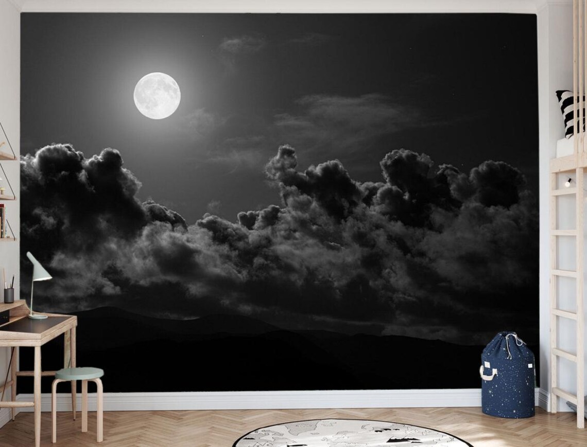 Full Moon Wall Mural, Night Sky and Clouds Wallpaper, Cloudy Moon Decor ...