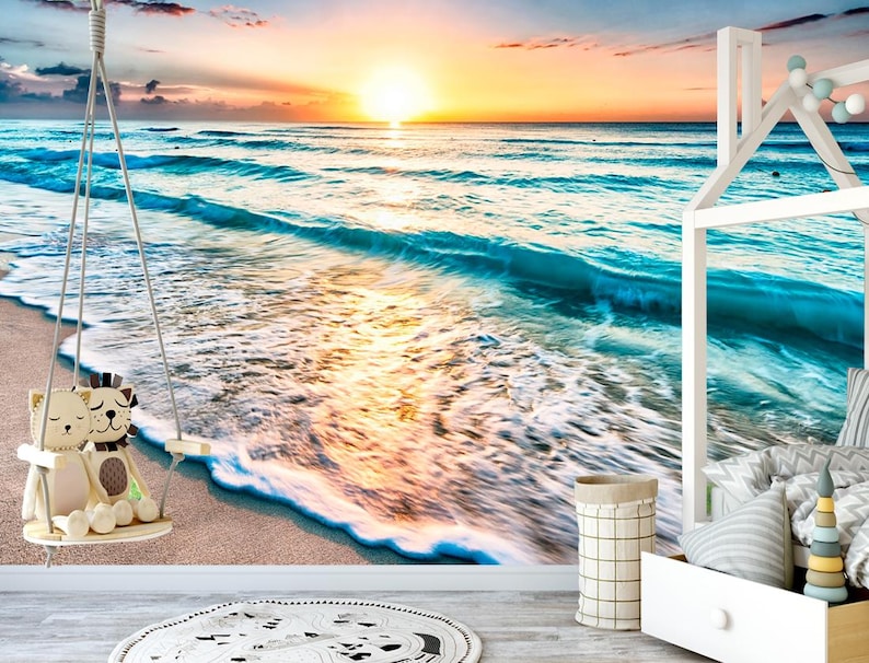 Tropical Beach Sea Sunset Wall Mural, Nautical Removable Wallpaper ...