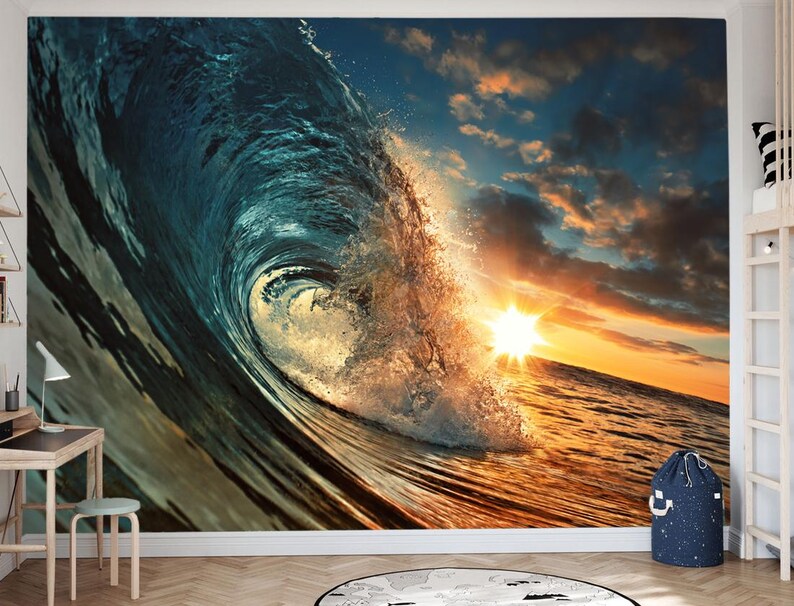 Ocean Waves Peel and Stick Wallpaper, Blue Background Modern Wall Mural ...