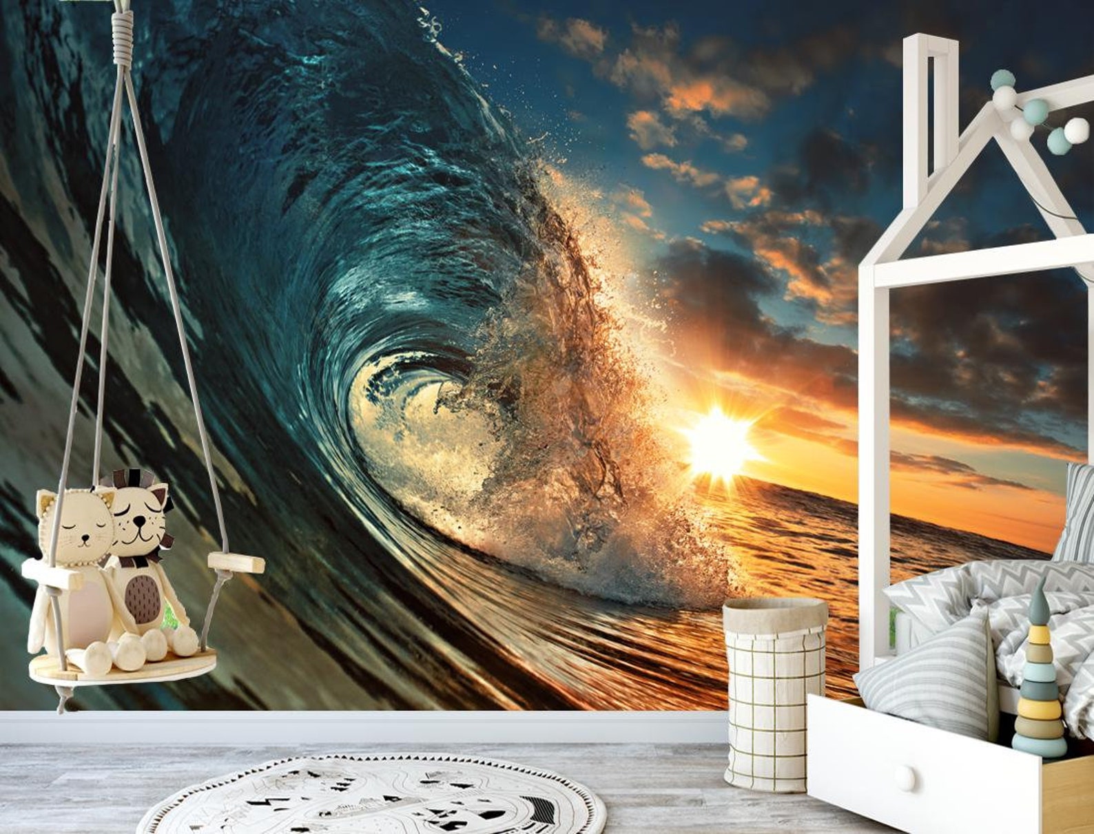 Ocean Waves Peel and Stick Wallpaper, Blue Background Modern Wall Mural ...