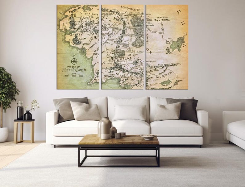 Vintage Fantasy World Map, Canvas Print, Framed Middle Earth Map, Wall ...