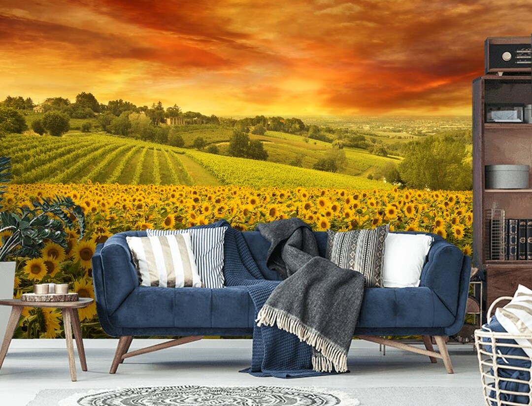 Field of Sunflowers Wall Mural, Sunflowers Floral Wallpaper Home Decor ...