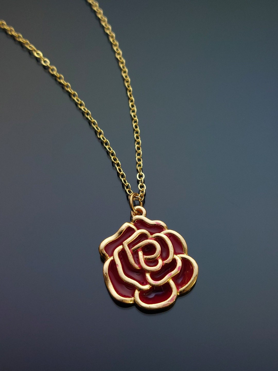 Gold Red Rose Pendant - Etsy