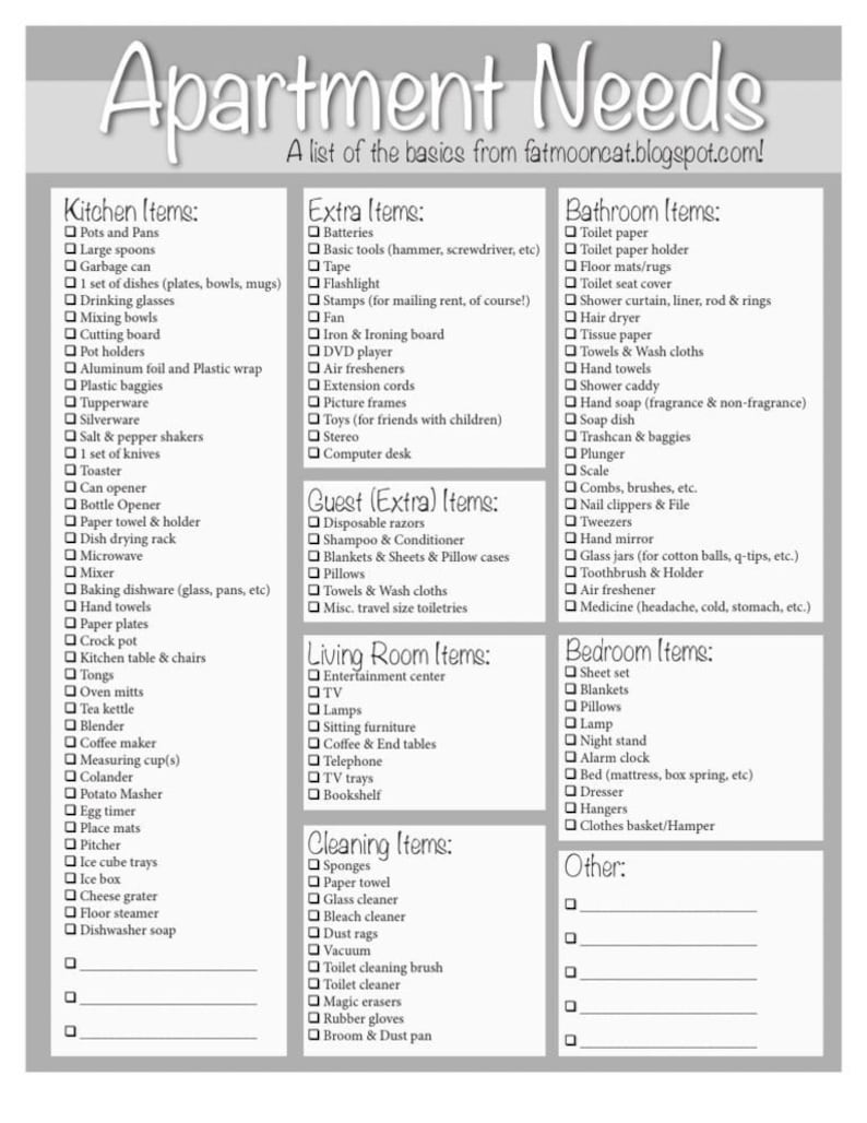 Apartment Needs Checklist - Etsy