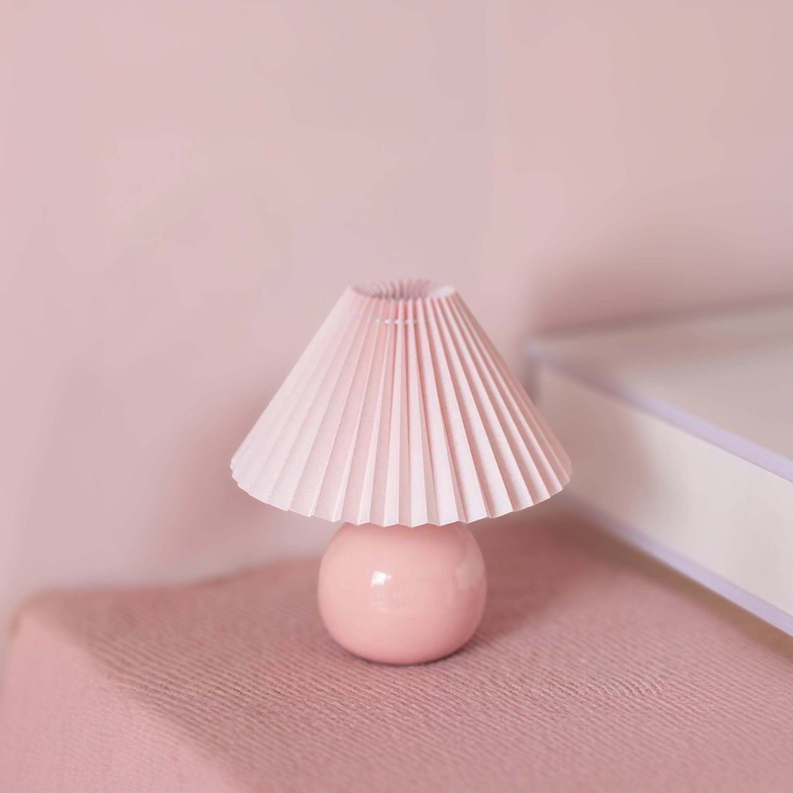 Adorable Bubble Gum Pink Ceramic Lamp - Cute Nordic Round Pleated Shade ...