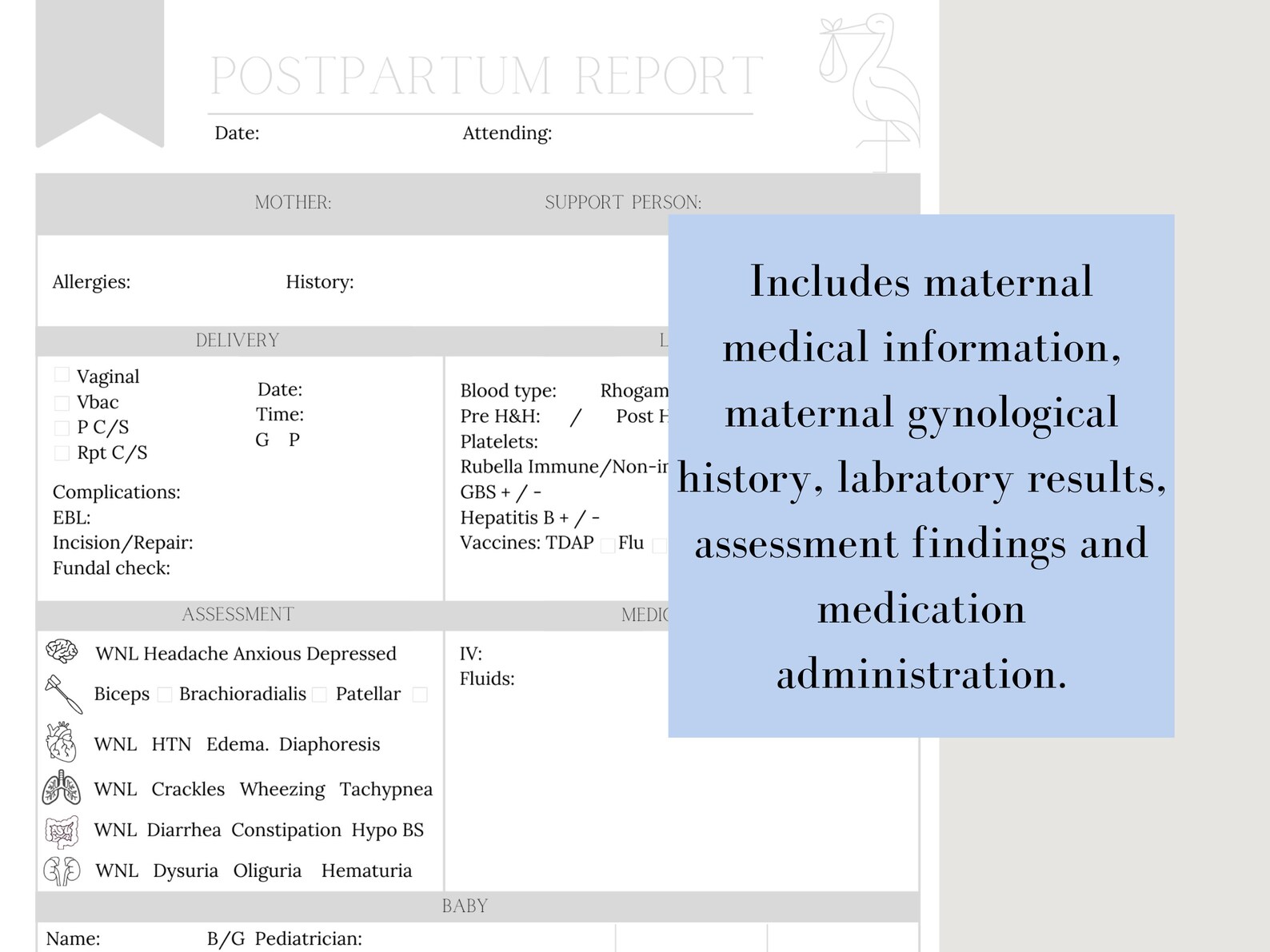 Postpartum Report Sheet, Mother Baby Nurse Report Sheet, Printable ...