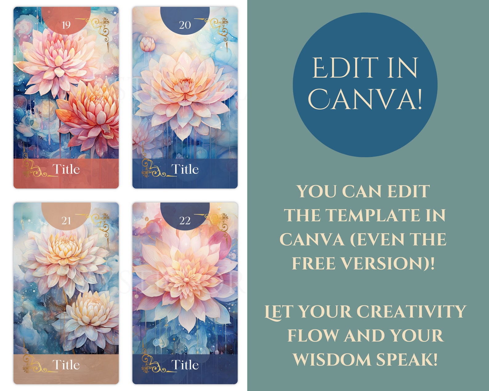 Lotus Flower Printable Oracle Cards, Editable Canva Template, Oracle ...