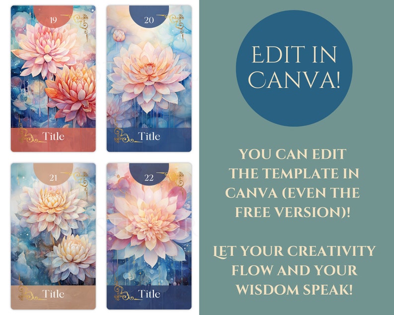 Lotus Flower Printable Oracle Cards, Editable Canva Template, Oracle ...