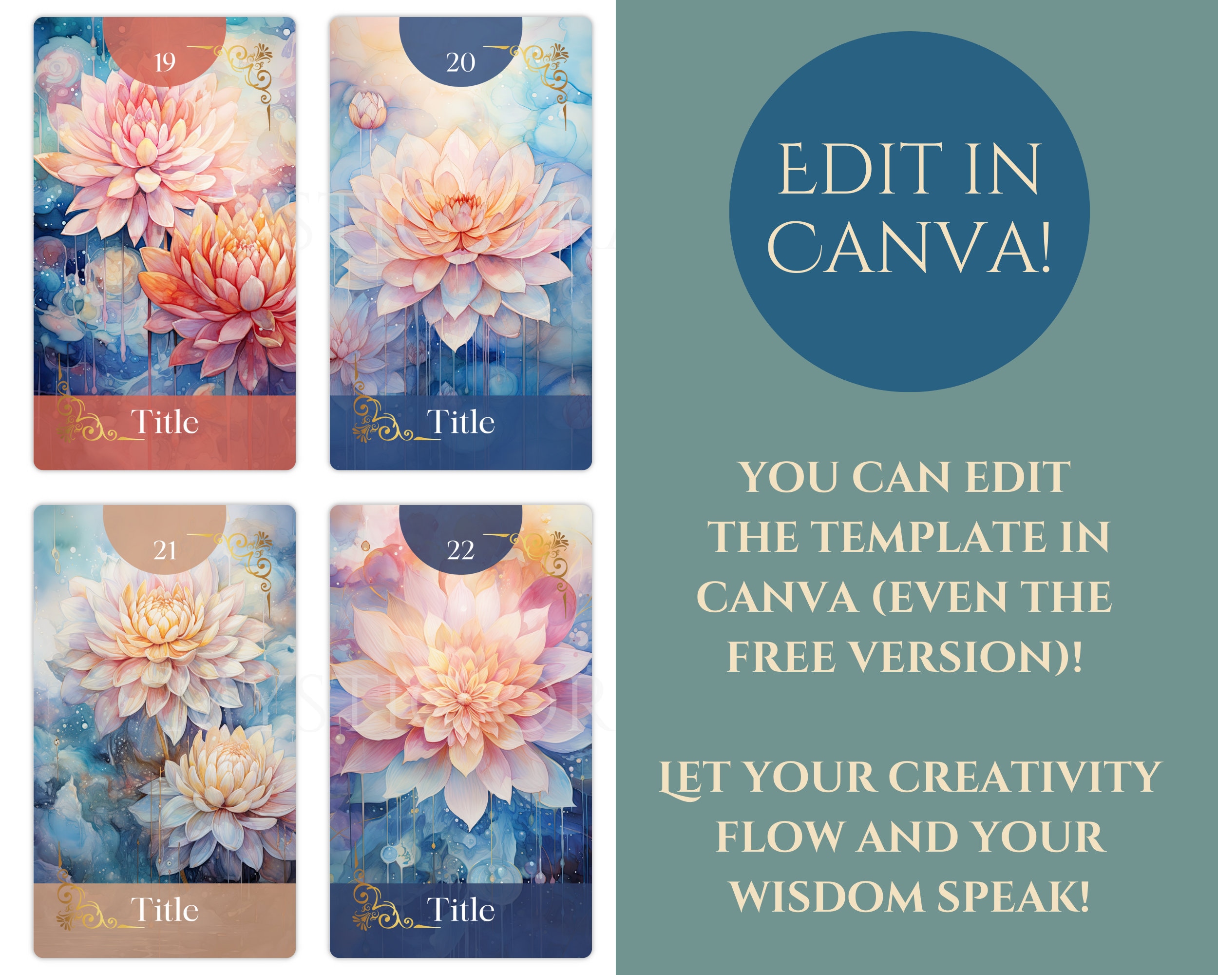 Lotus Flower Printable Oracle Cards, Editable Canva Template, Oracle ...