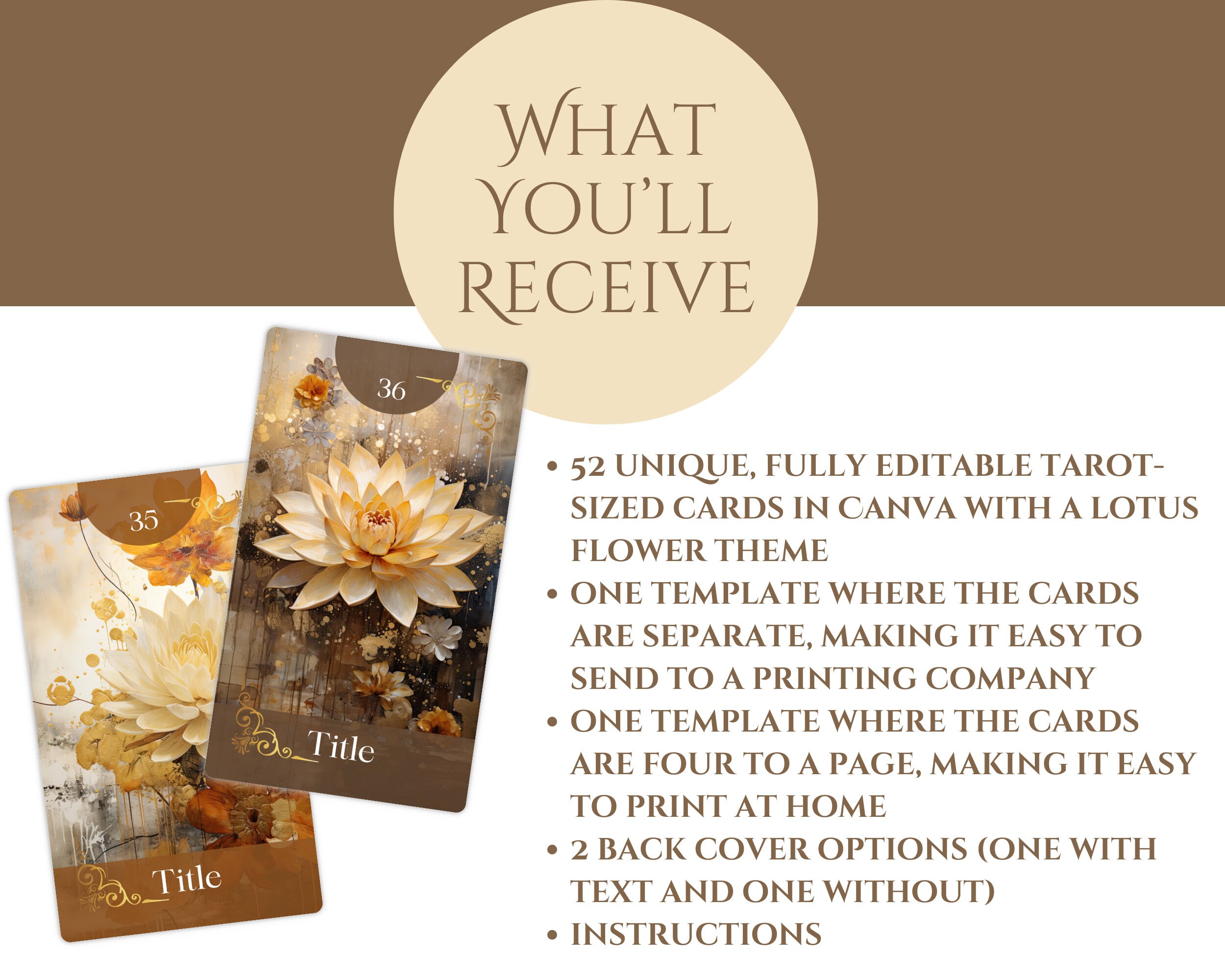 Golden Lotus Flower Printable Oracle Cards, Editable Canva Template ...