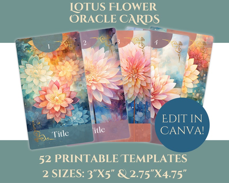 Lotus Flower Printable Oracle Cards, Editable Canva Template, Oracle ...