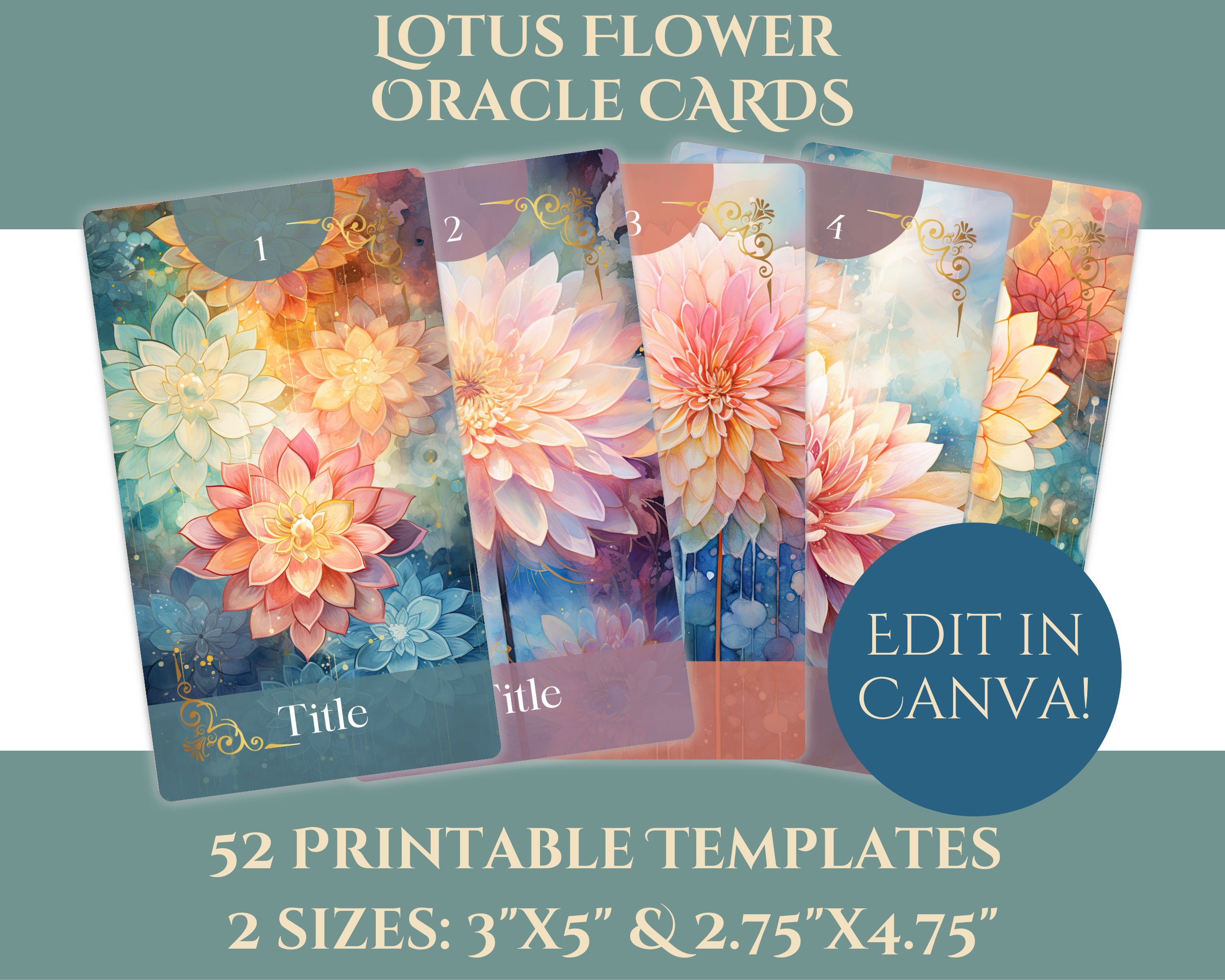 Lotus Flower Printable Oracle Cards, Editable Canva Template, Oracle ...