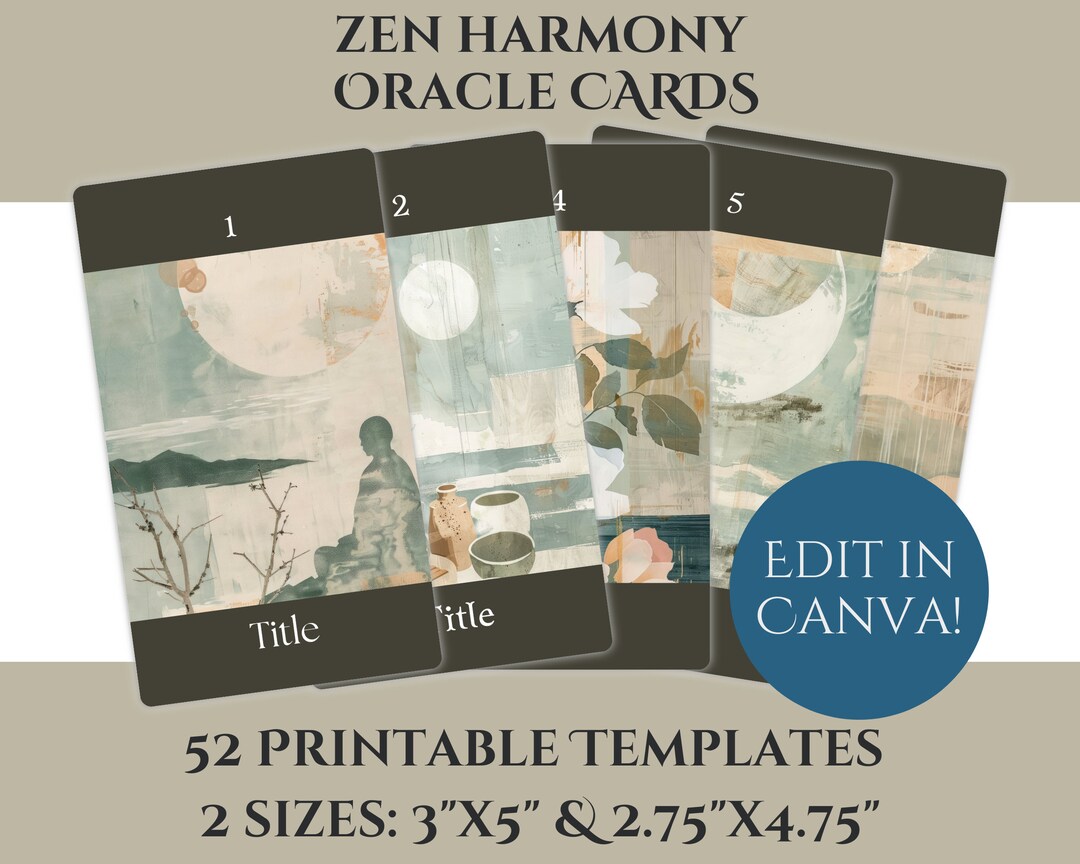 Zen Harmony Printable Oracle Cards, Editable Canva Template, Oracle ...