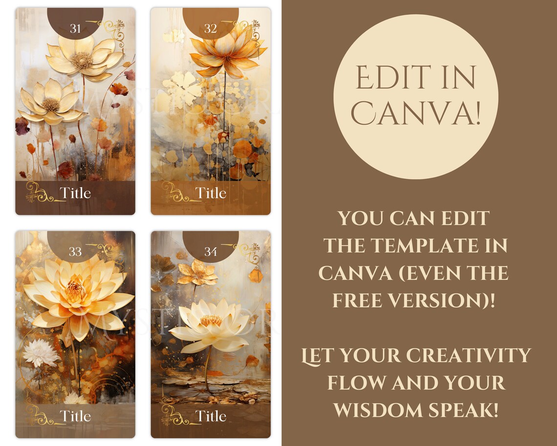 Golden Lotus Flower Printable Oracle Cards, Editable Canva Template ...