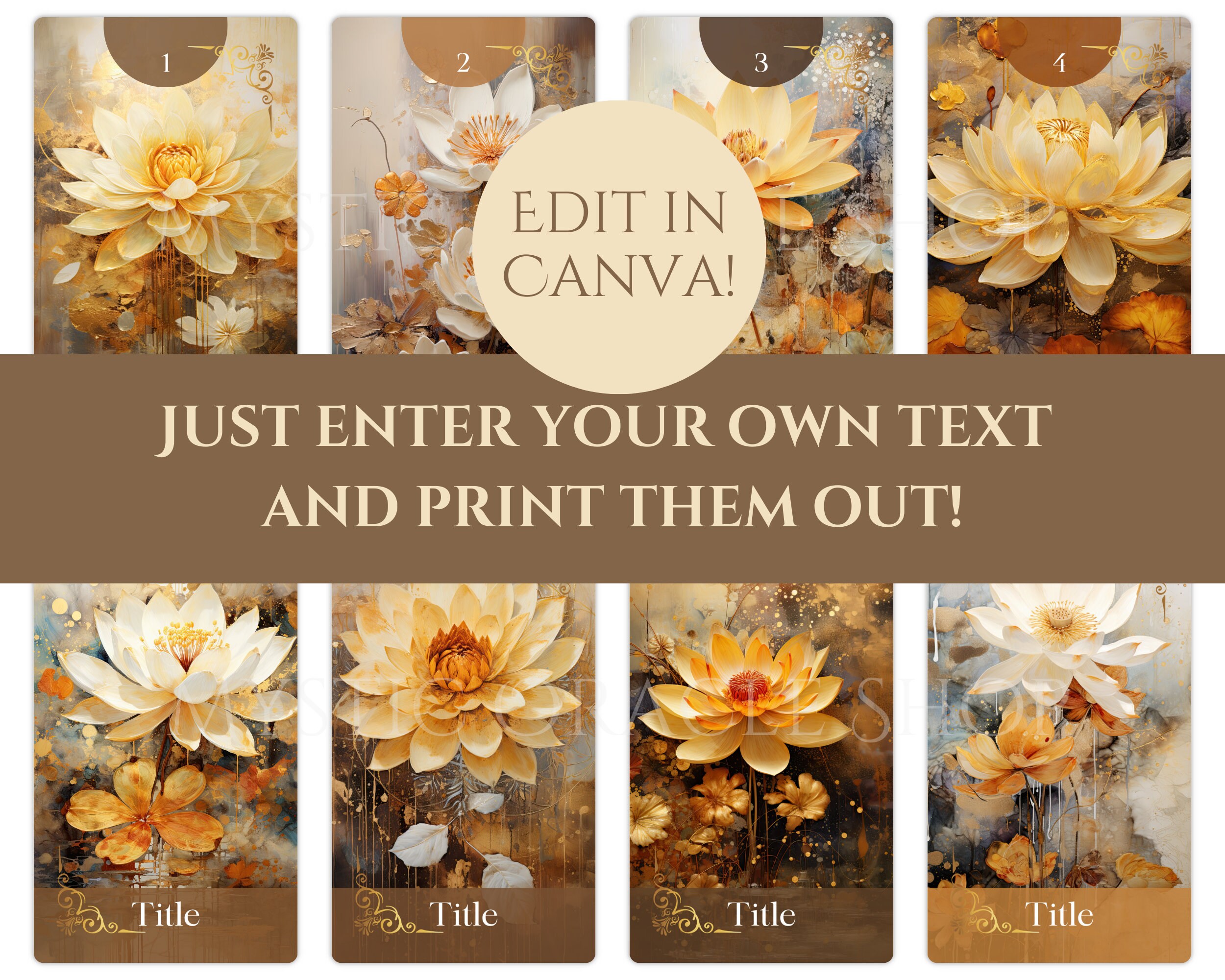 Golden Lotus Flower Printable Oracle Cards, Editable Canva Template ...