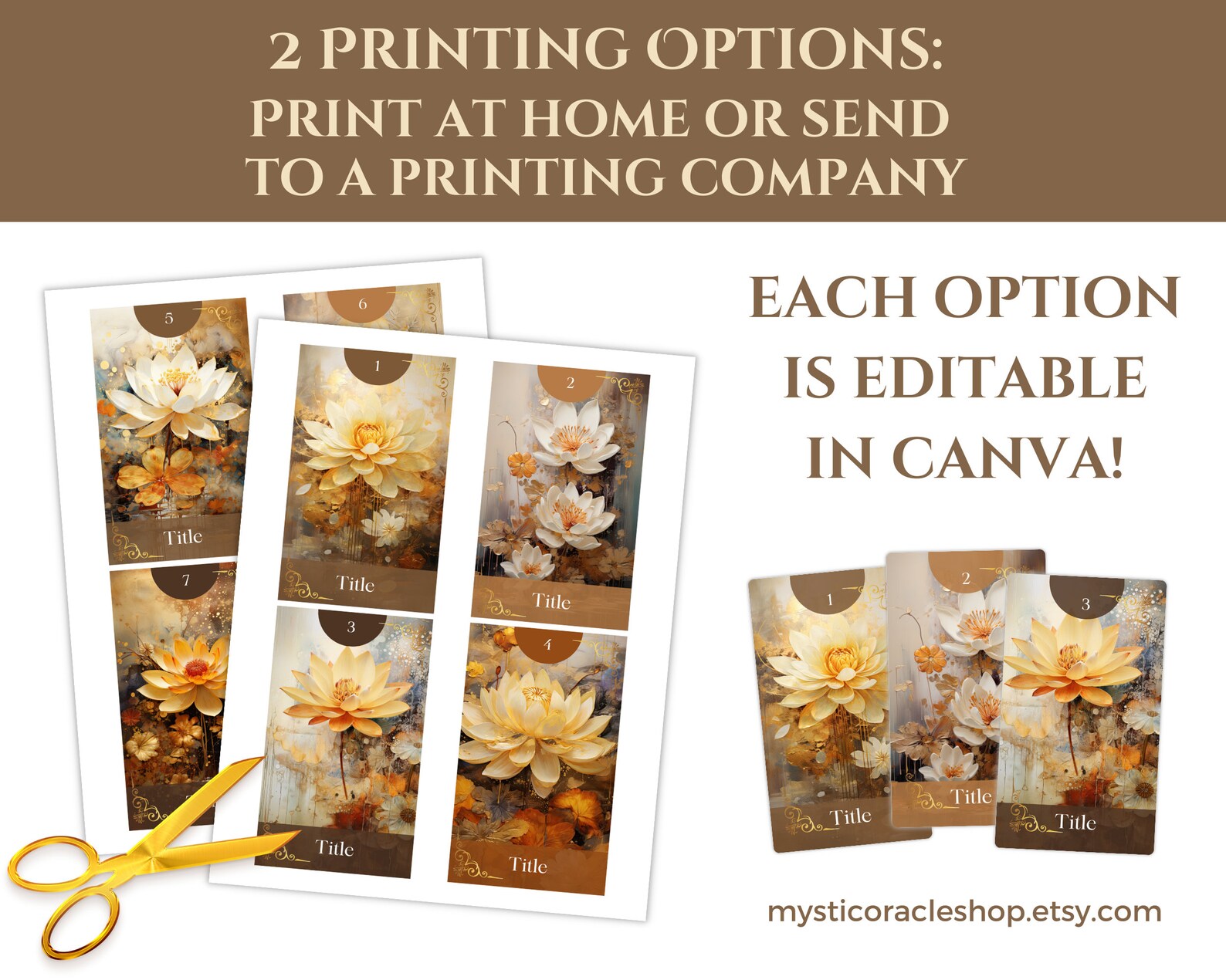 Golden Lotus Flower Printable Oracle Cards, Editable Canva Template ...