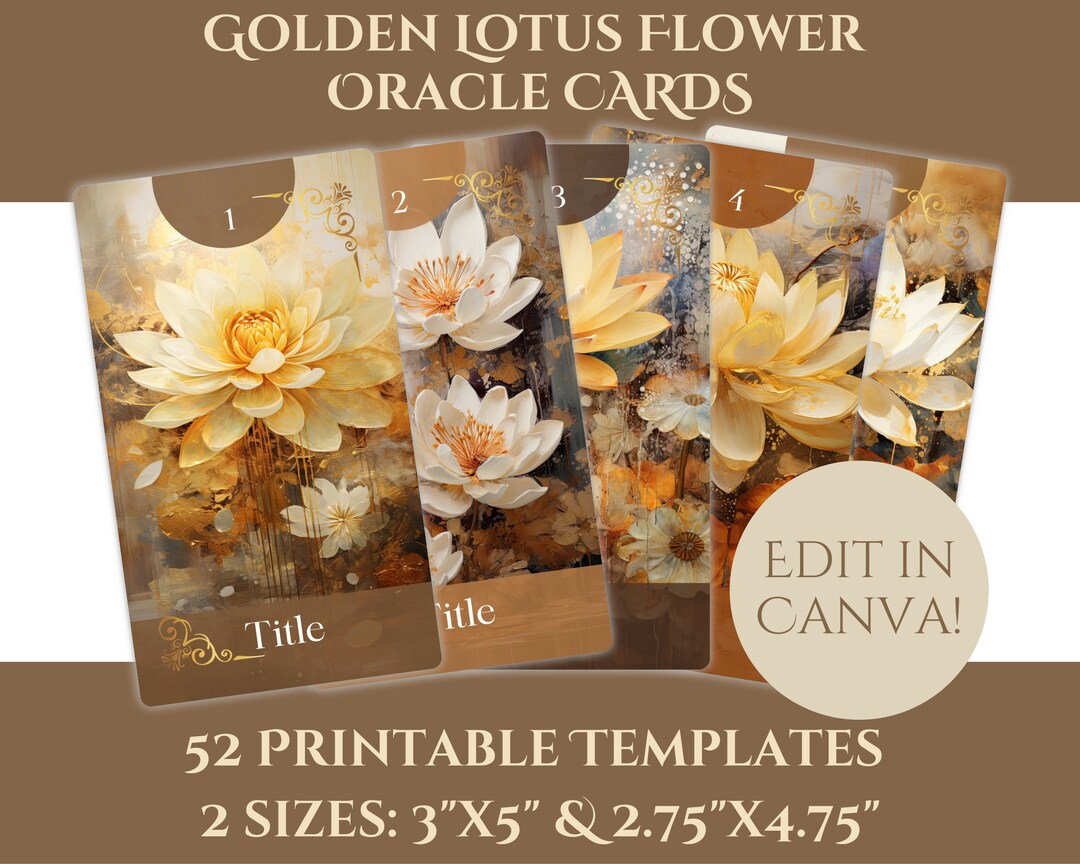 Golden Lotus Flower Printable Oracle Cards, Editable Canva Template ...