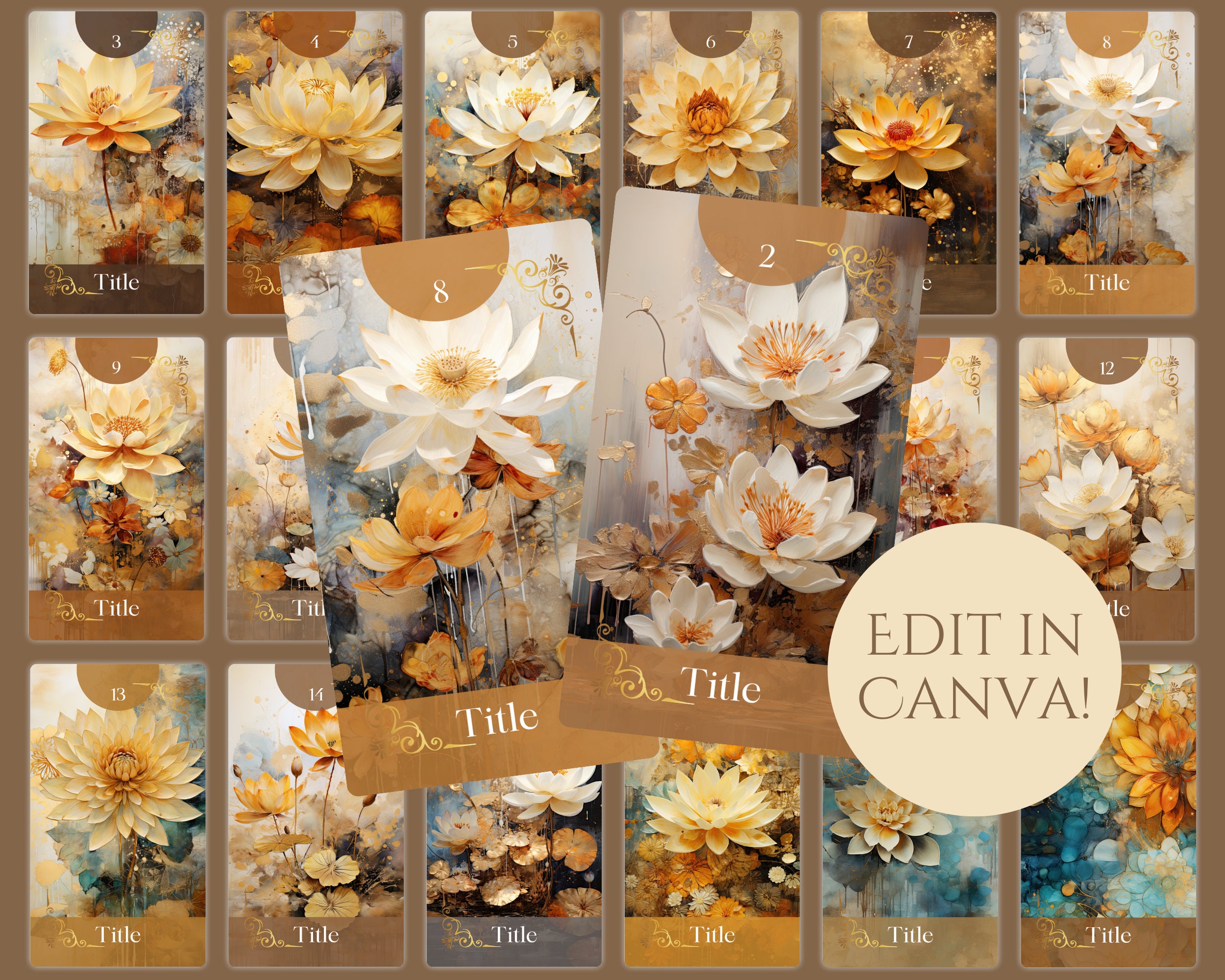 Golden Lotus Flower Printable Oracle Cards, Editable Canva Template ...