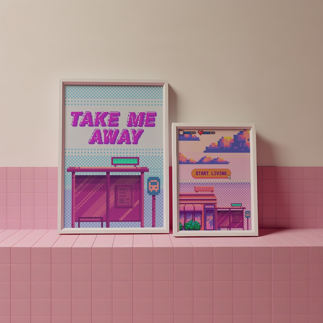Nostalgic Art Prints Pixel Art Bundle Pink Aesthetic Prints Vaporwave ...
