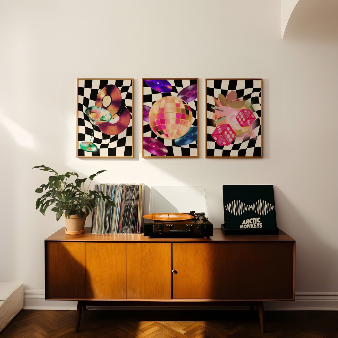 3 Piece Wallart Disco Era Barcart Decor Vintage Checkerboard Pattern ...