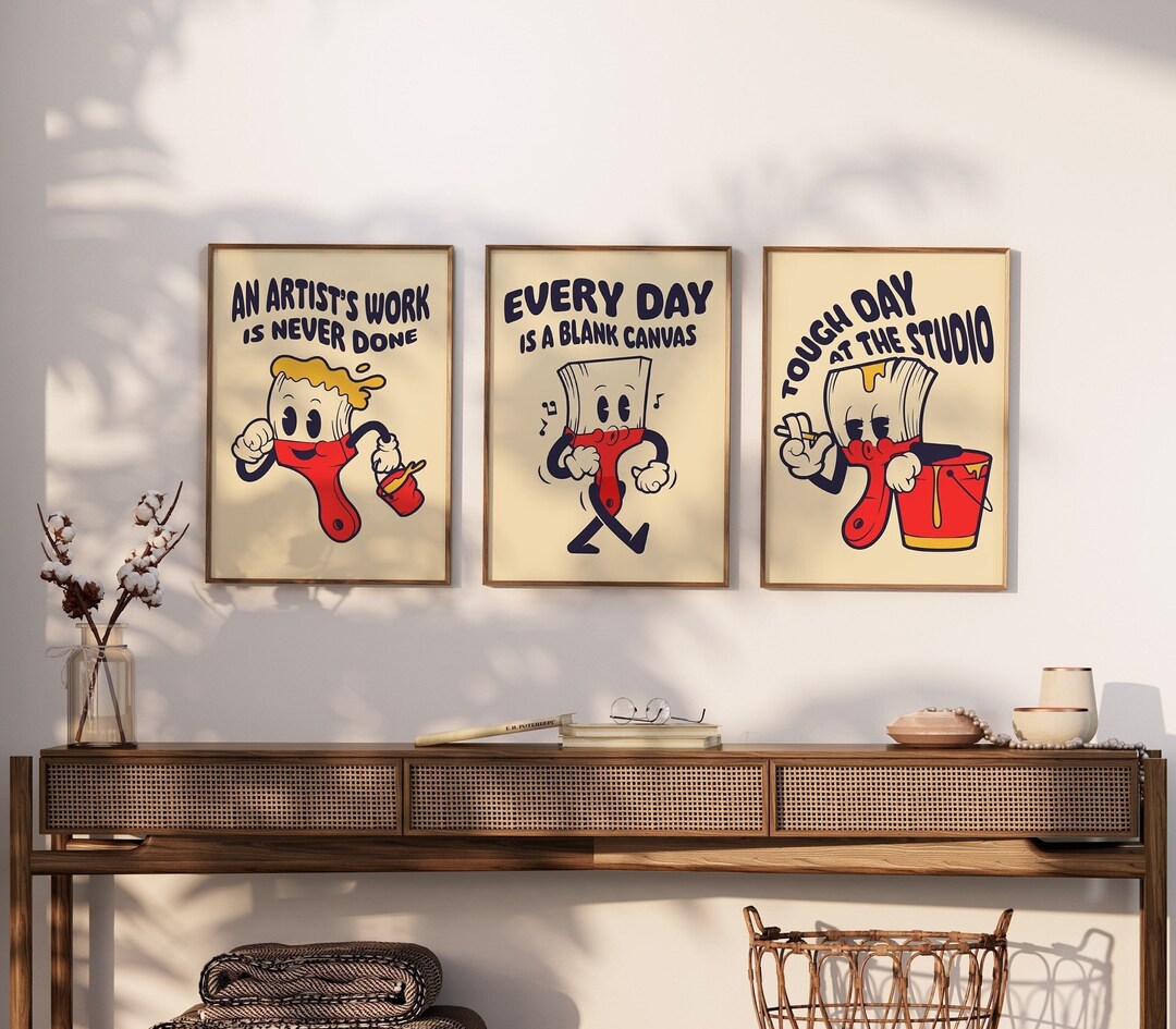 3 Piece Wall Art Rubber Hose Art Retro Cartoon Print Studio Apartment ...