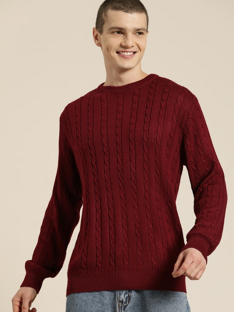 Men Maroon Cable Knit Acrylic Pullover Aran Knit Sweater, Cable Sweater ...