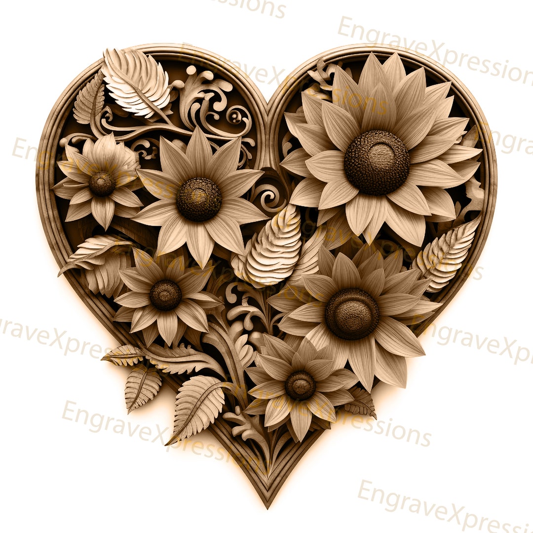 Sunflower Heart , Wedding Valentine’s Day, Laser Burn Engrave PNG Files ...