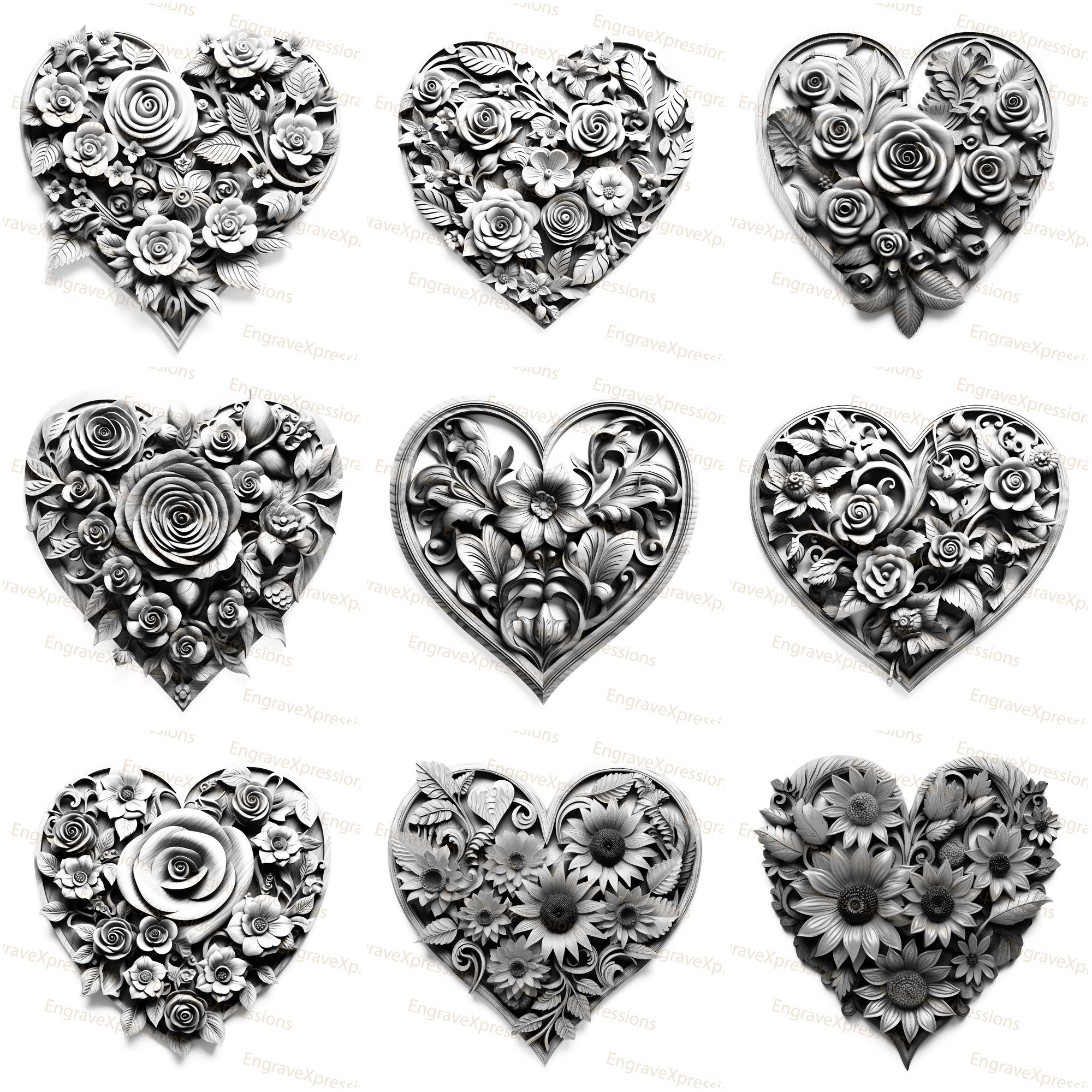 Wedding Hearts 3D Bundle, Laser Burn Engrave PNG Files 3D Illusion ...