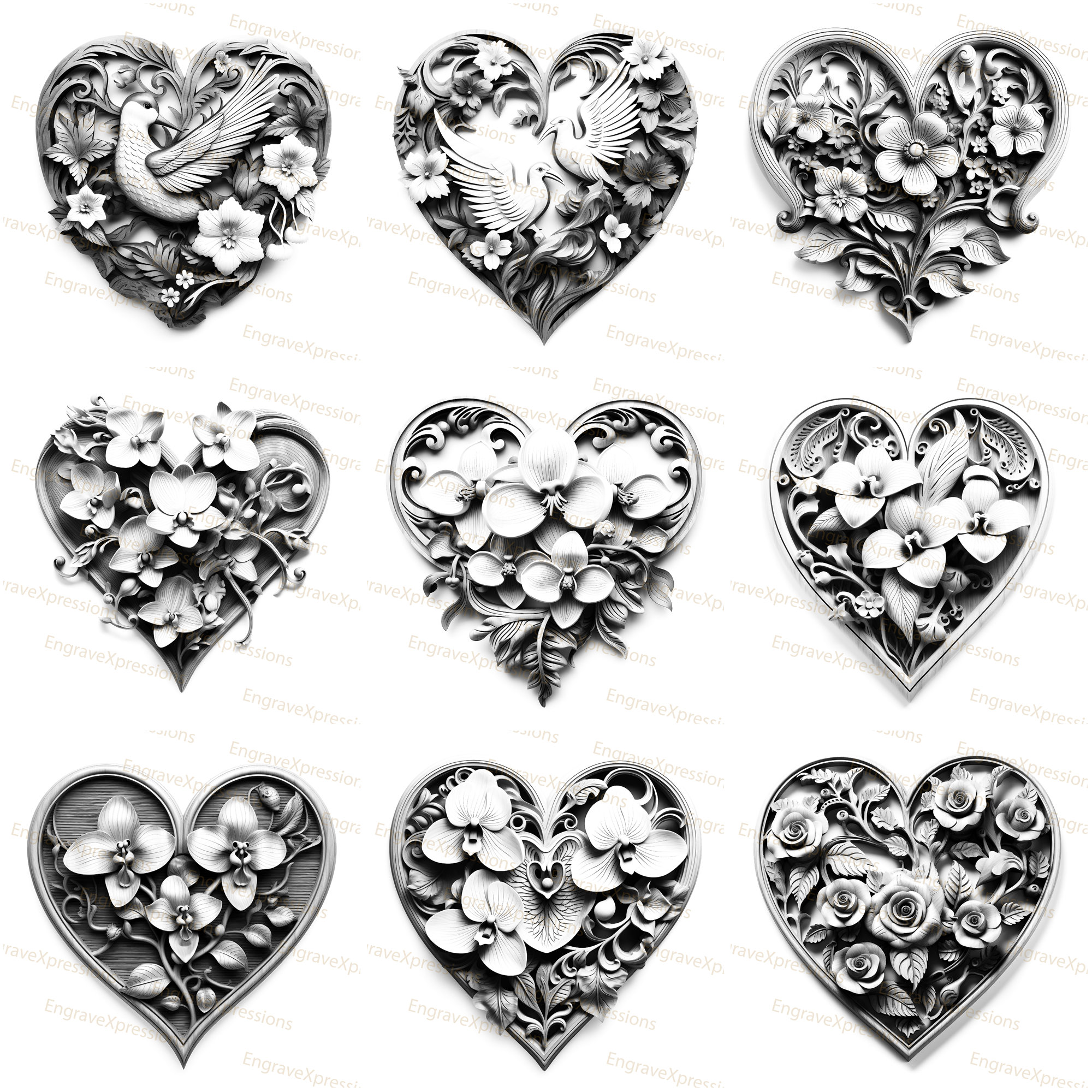 Wedding Hearts 3D Bundle, Laser Burn Engrave PNG Files 3D Illusion ...