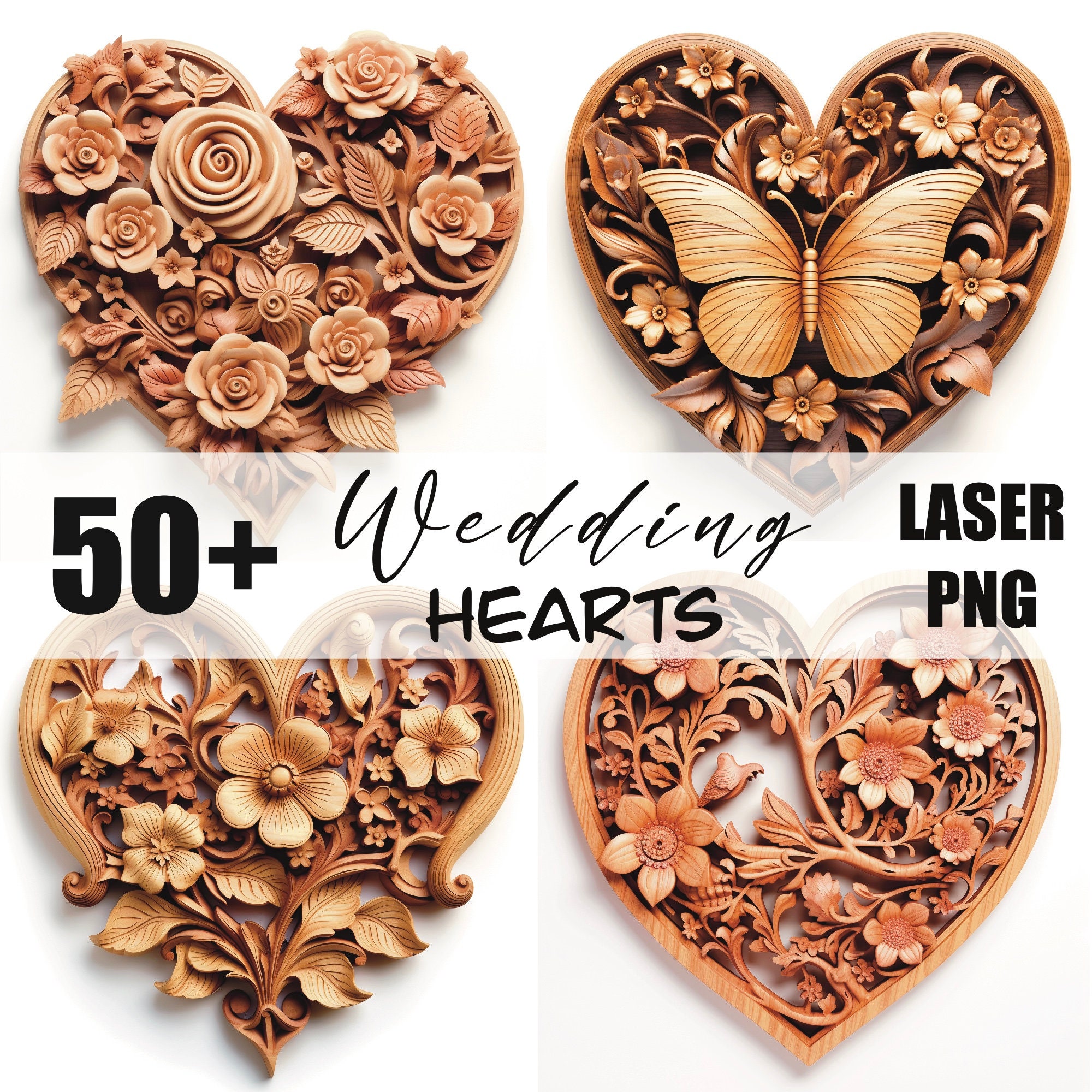 Wedding Hearts 3D Bundle, Laser Burn Engrave PNG Files 3D Illusion ...