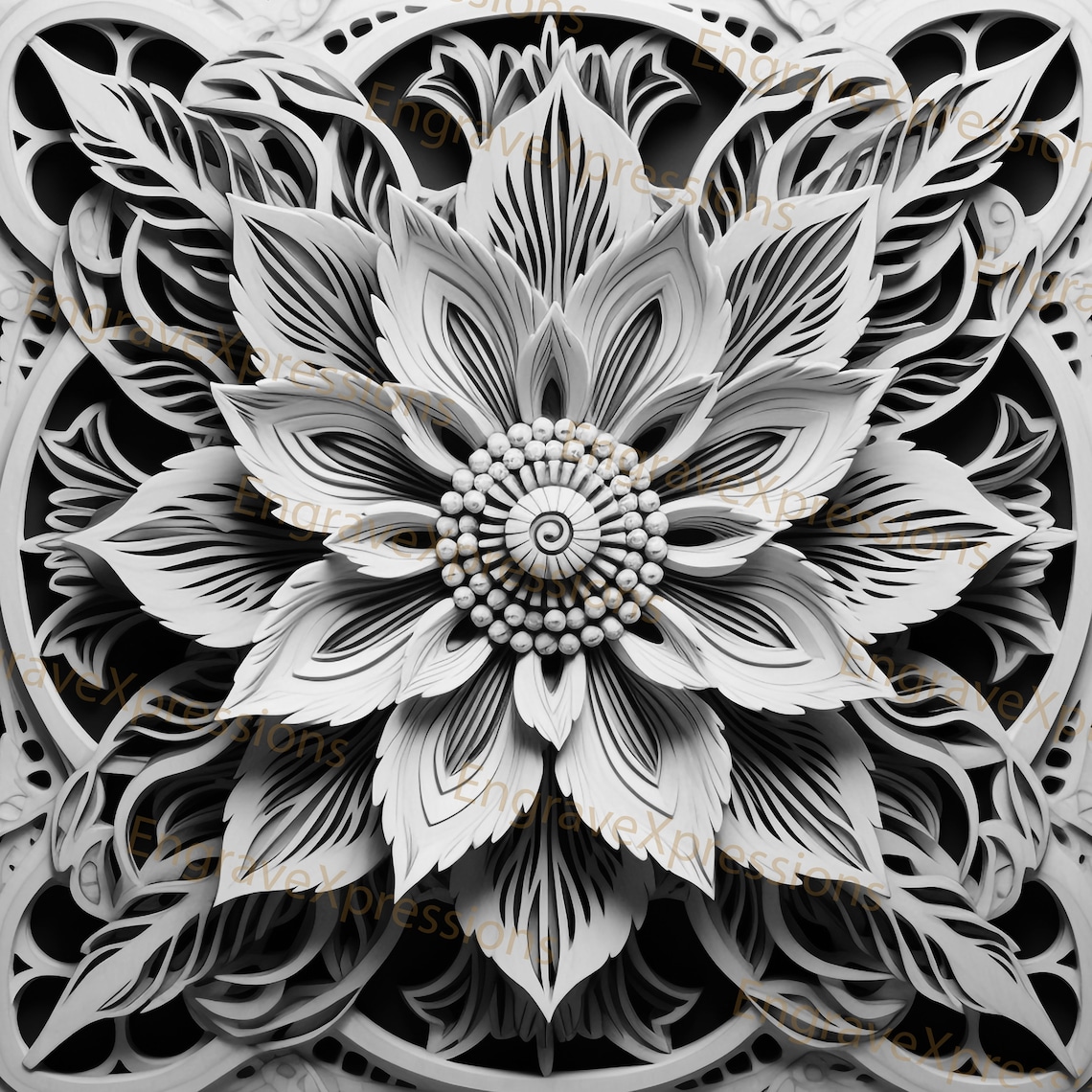 3D Mandala Flower Laser Engrave File: Botanical Illusion Design (PNG ...