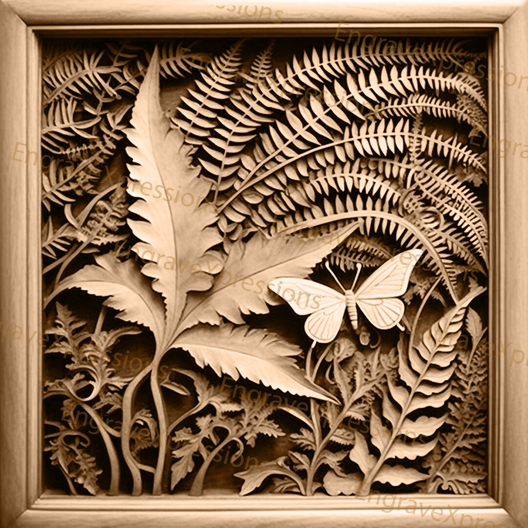 3D Fern & Butterfly Laser Engrave File: Botanical Forest Design (PNG ...