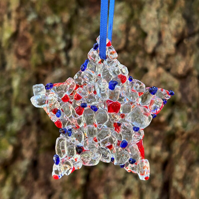 Recycled Glass Star Suncatcher Ornament. Red, Blue & Clear. 100% Post ...