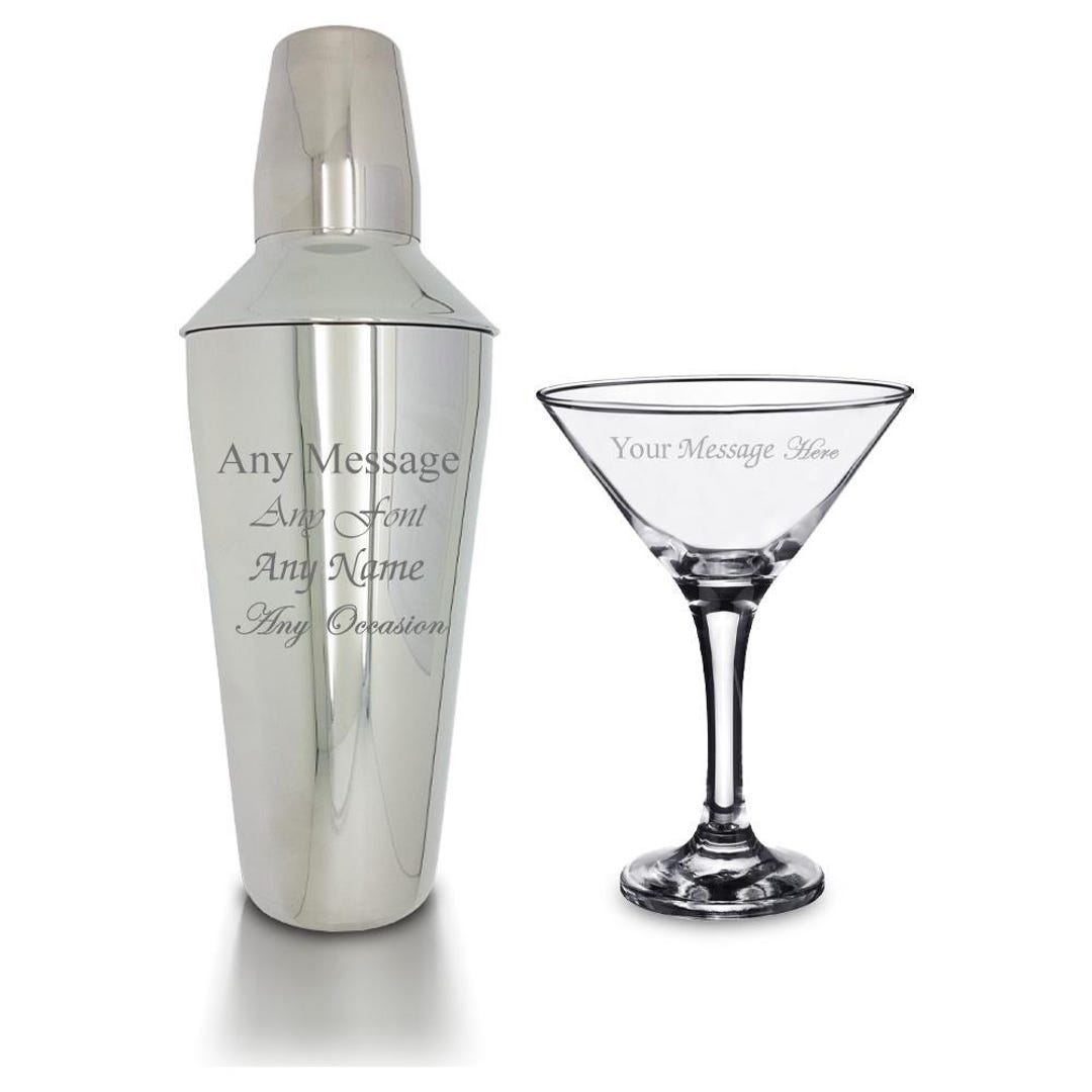 Personalised Engraved Cocktail Shaker With Strainer and Martini Glass ...