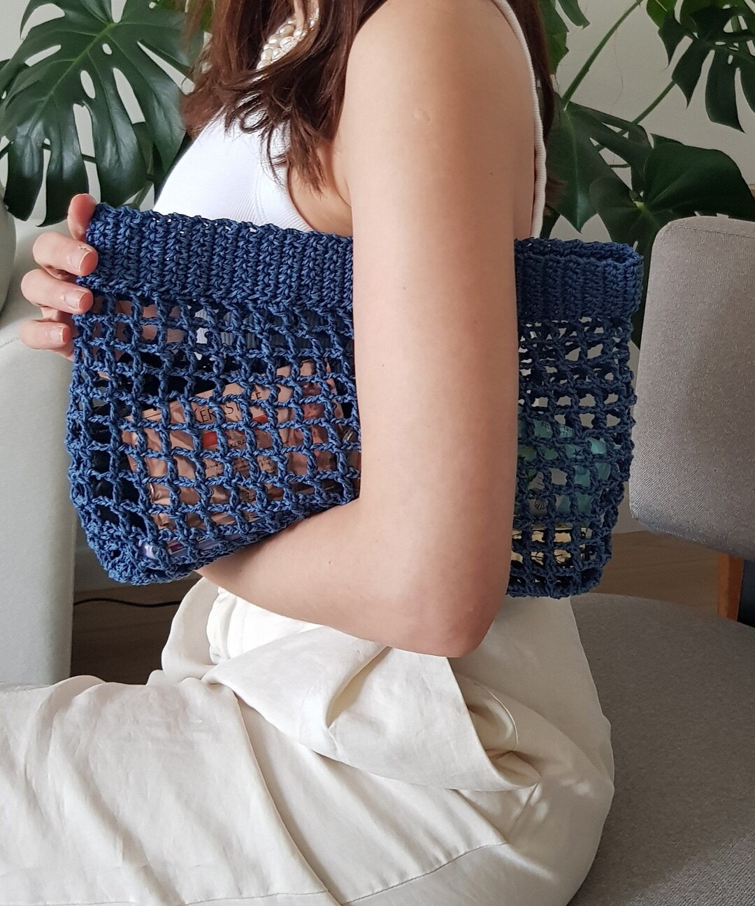Crochet Mesh Clutch Bag for Woman, Woven Straw Summer Handbag, Navy ...
