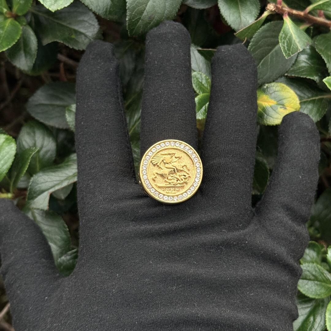 9ct Gold Filled Mens Diamond Sovereign Coin Ring Waterproof - FREE ...