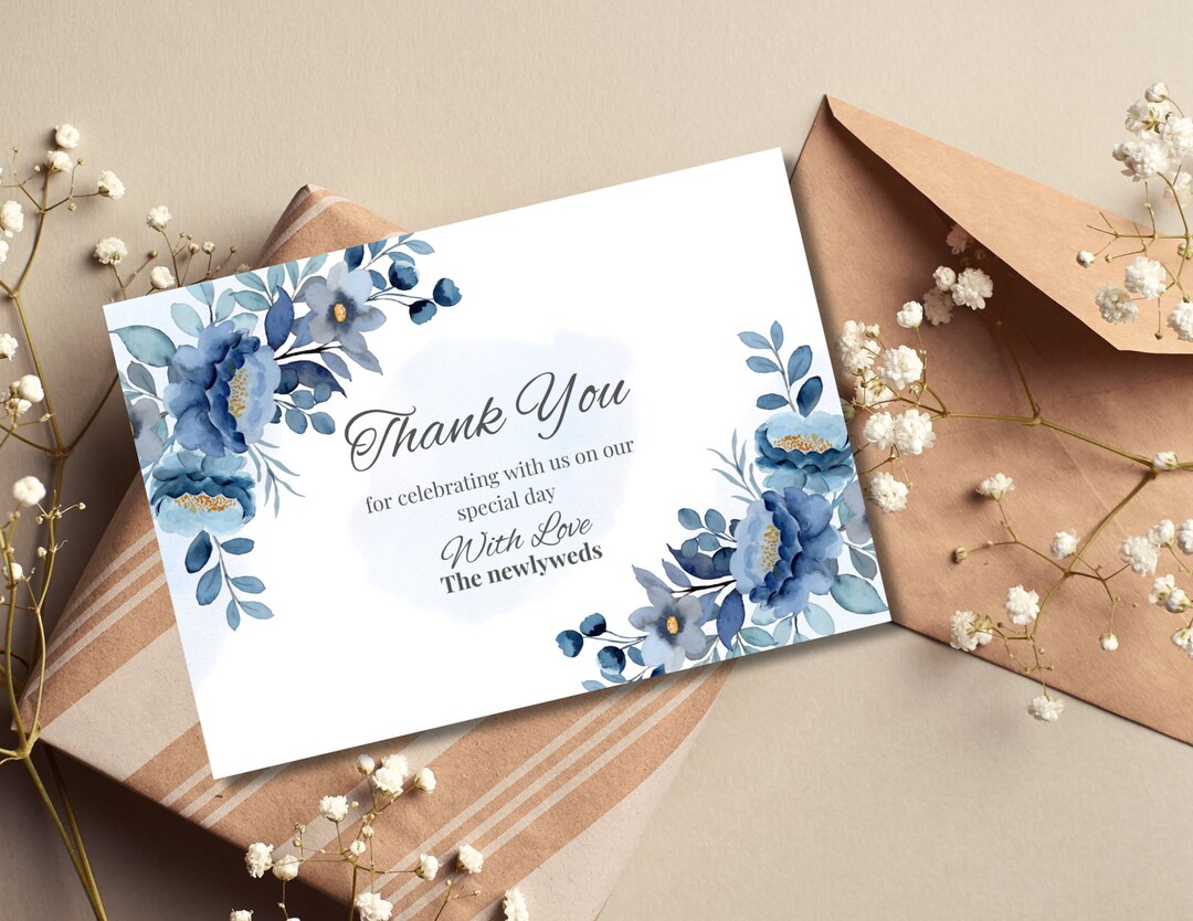 Wedding Thank You Card Template, Thank You Card Template, Blue Thank ...