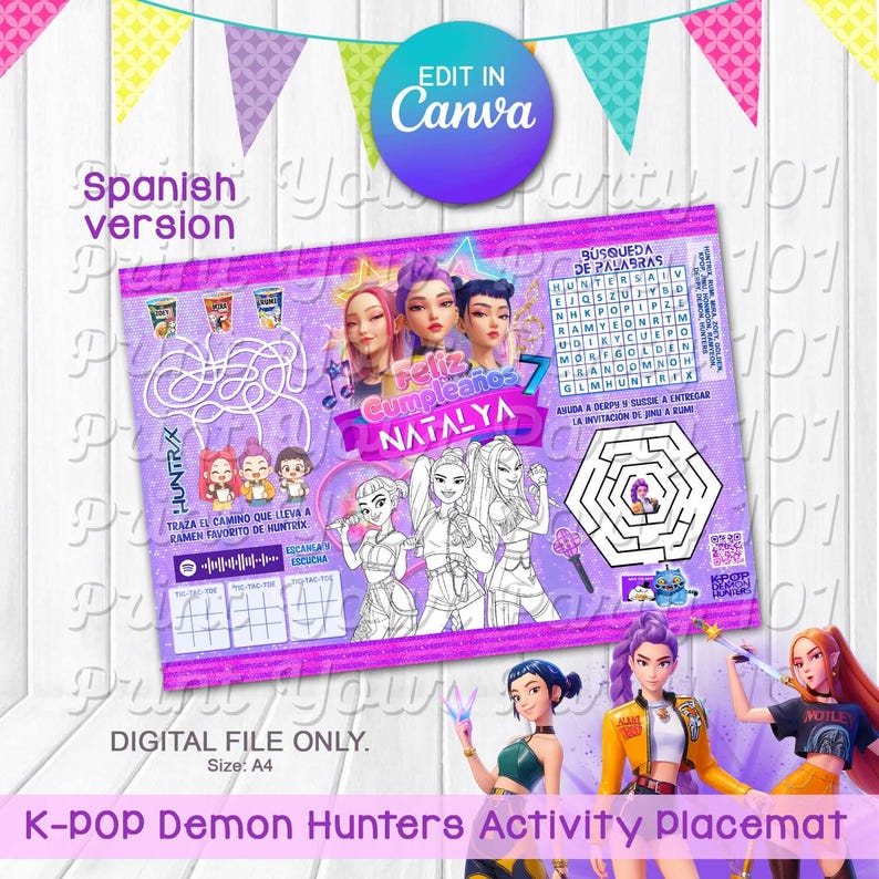 K-pop Demon Hunters Birthday Activity Placemat | Editable ...