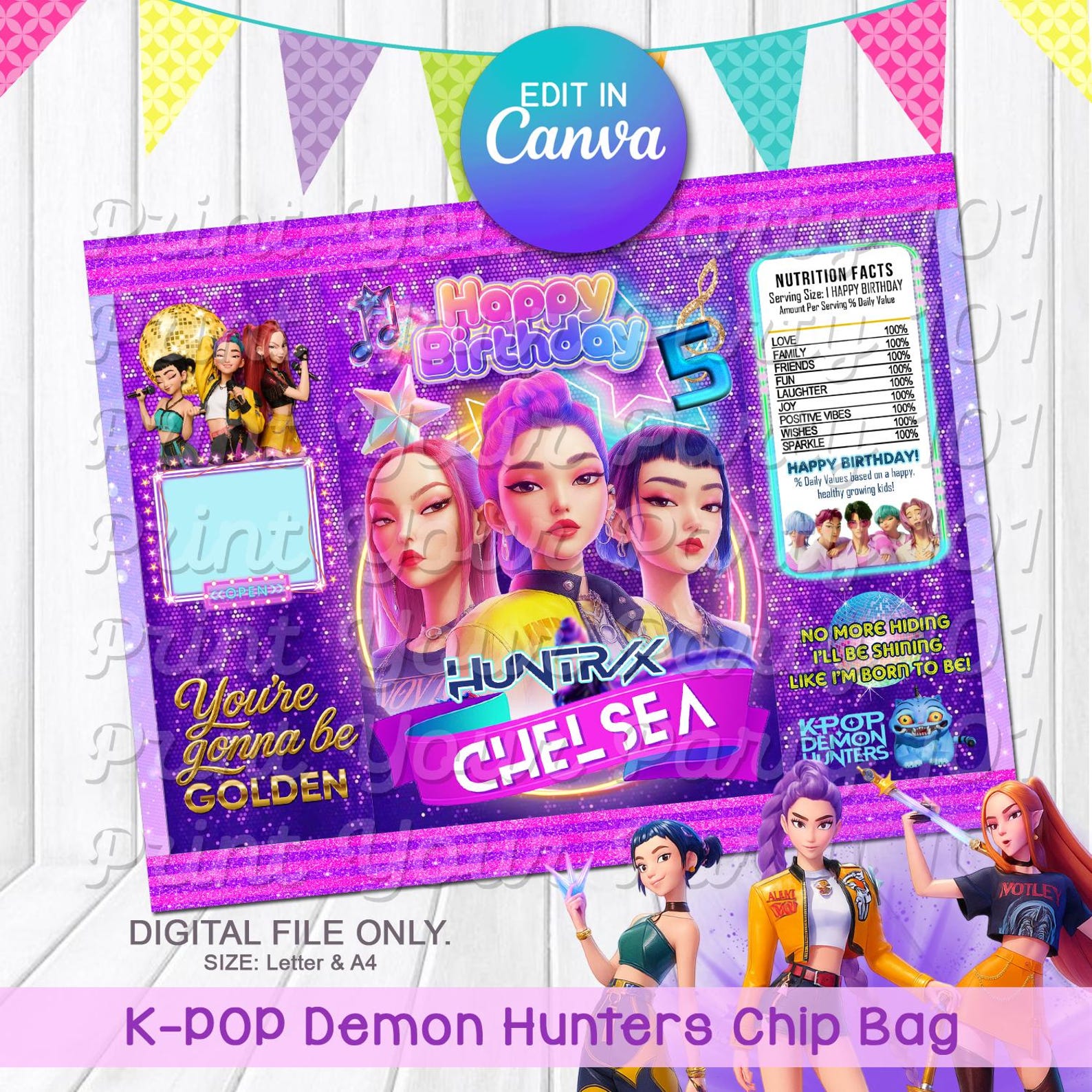 K-pop Demon Hunters Birthday Chip Bag | Editable & Downloadable ...