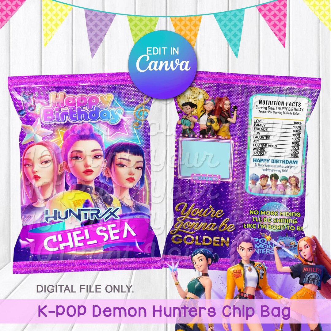 K-pop Demon Hunters Birthday Chip Bag | Editable & Downloadable ...