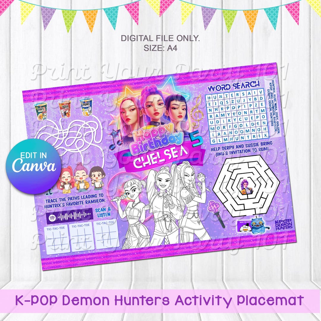 K-pop Demon Hunters Birthday Activity Placemat | Editable ...
