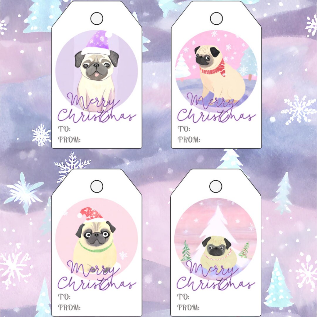 Printable Christmas Pug Gift Tag, Dog Gift Tag, Dog Lovers, Pastel ...