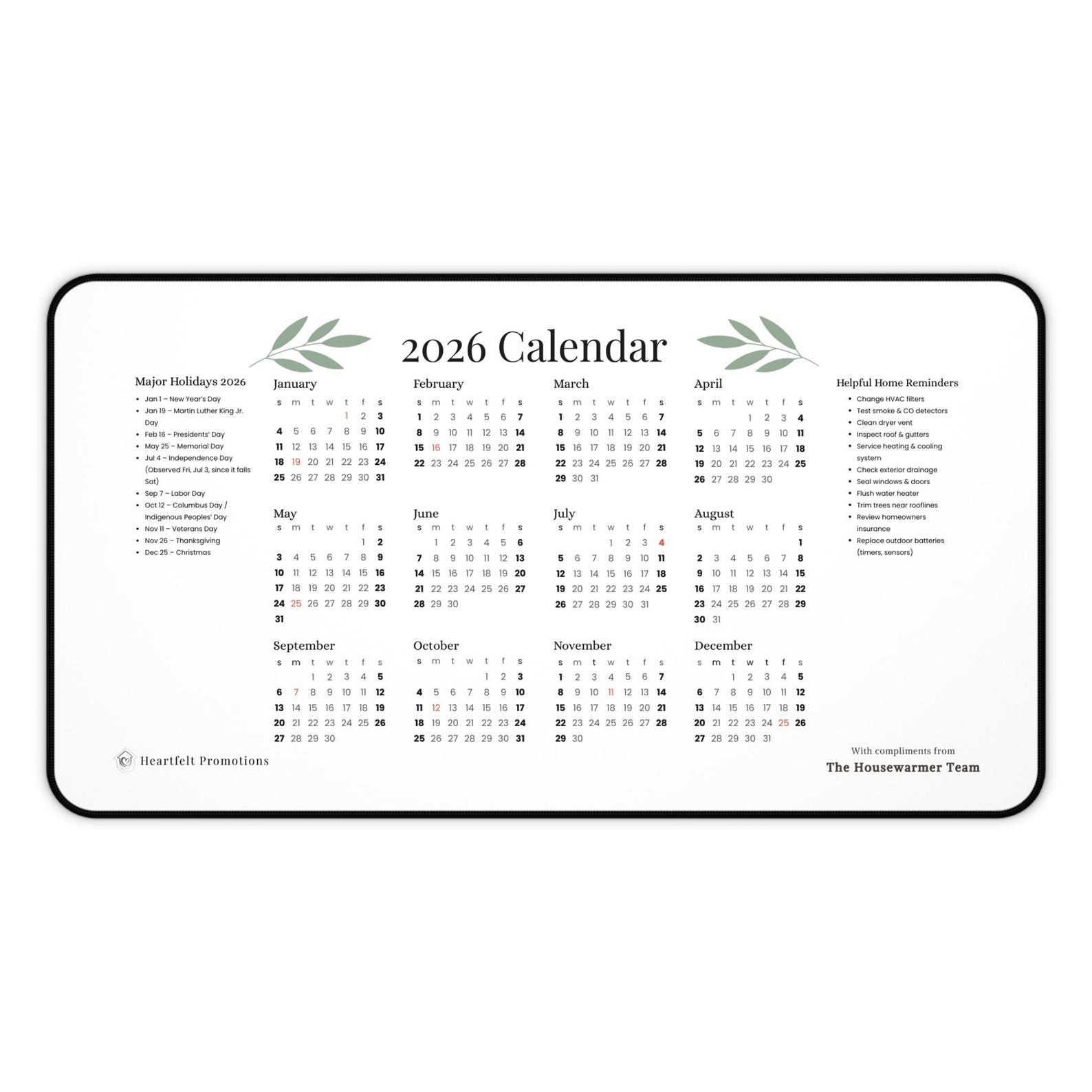 2026 Year-at-a-glance Homeowner Desk Mat | Agent-branded Client Gift ...
