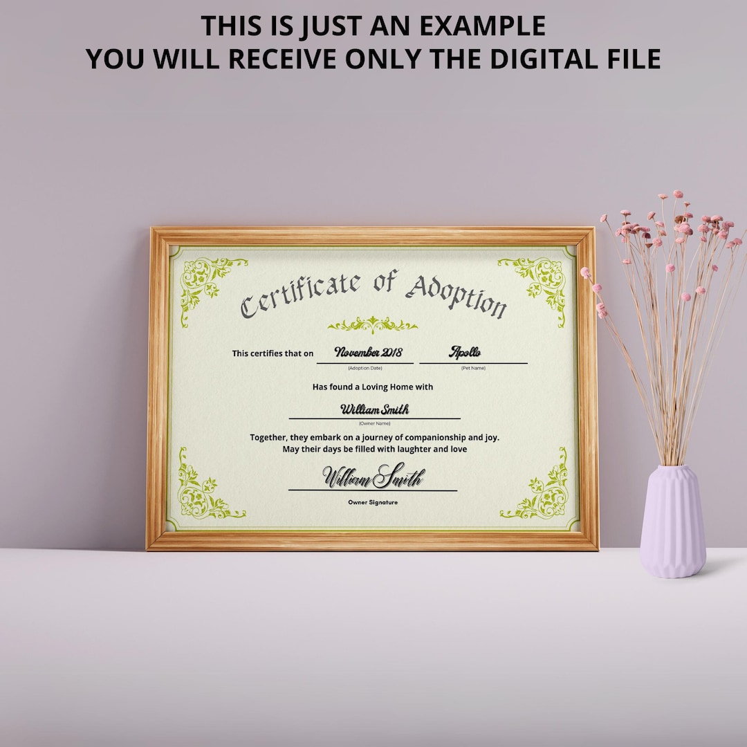 Pet Adoption Certificate - Customizable Digital Print | Personalized ...