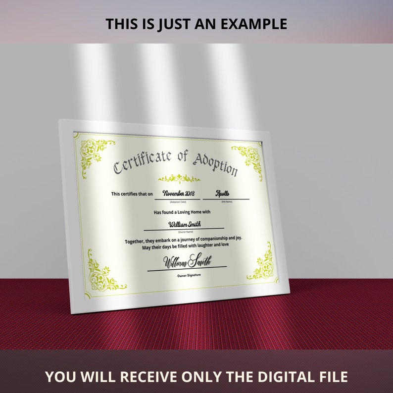 Pet Adoption Certificate - Customizable Digital Print | Personalized ...