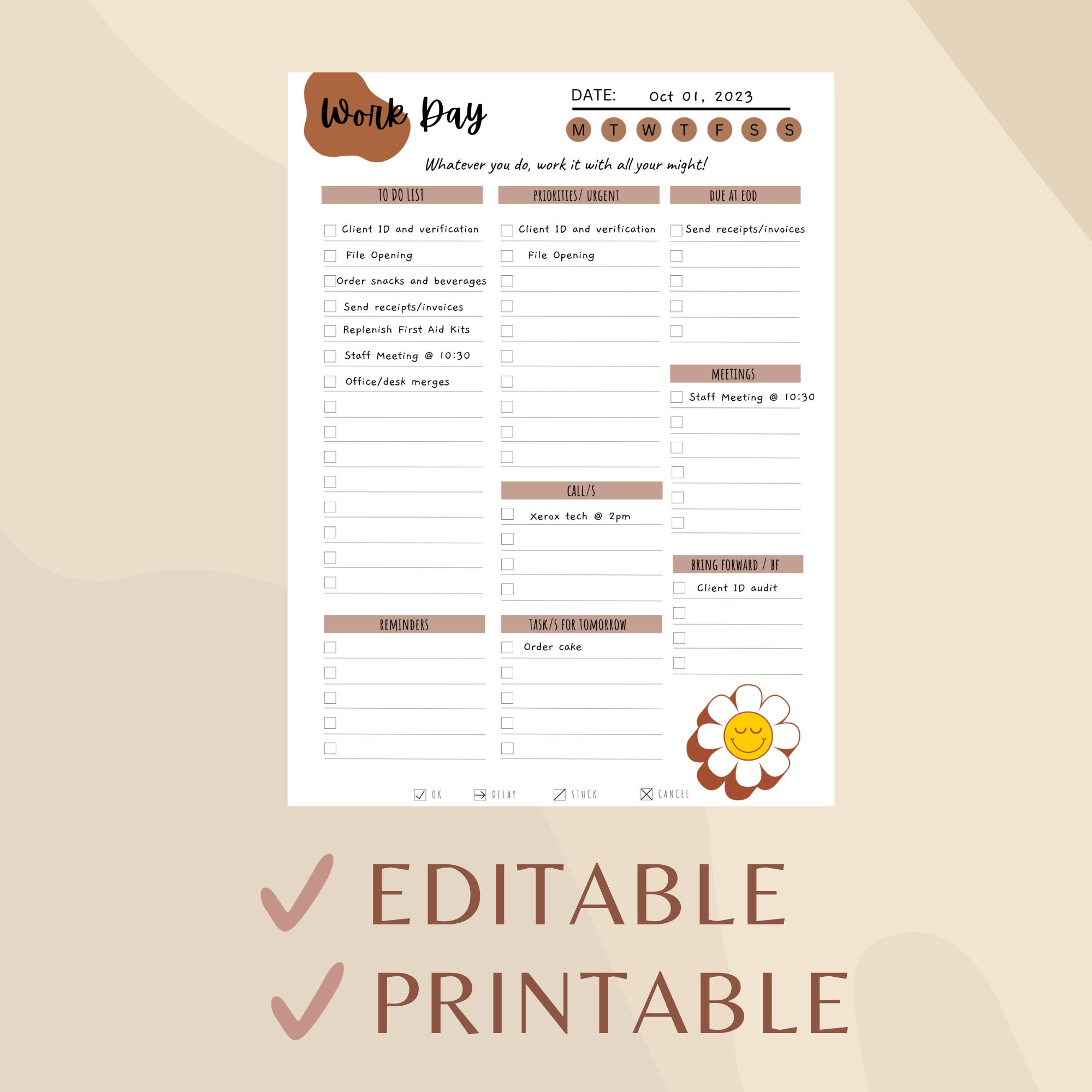 Editable Work-day Planner Printable Work-day Organizer In-office or ...