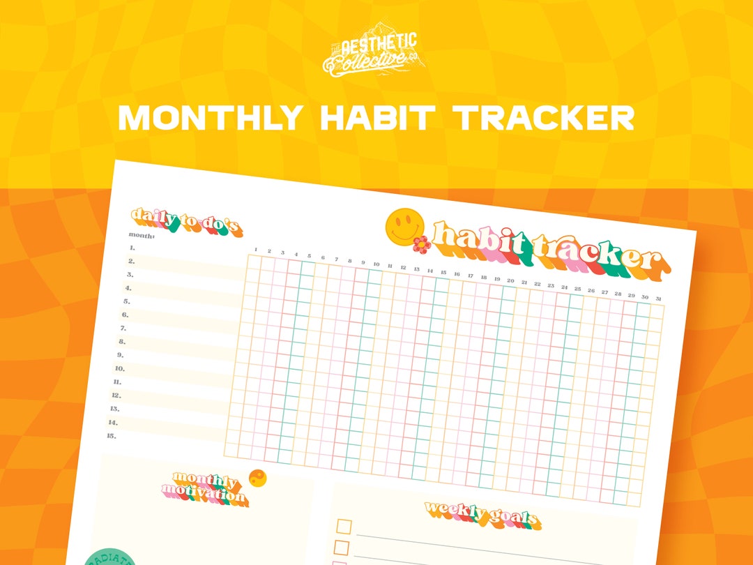 Groovy Retro Monthly Habit Goals to Do Tracker 70s Aesthetic Digital ...
